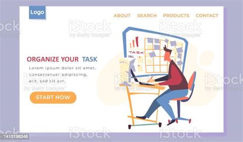 작업 방문 페이지 템플릿을 구성하십시오 계획을위한 종이 노트가있는 보드 근처의 랩톱을 가진 사람 개념에 대한 스톡 벡터 아트 및 기타 이미지 Istock