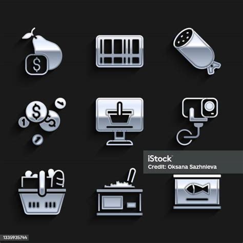 컴퓨터에 장바구니를 설정 캐비어 통조림 물고기 보안 카메라 바구니와 음식 동전 돈 달러 살라미 소시지와 배 아이콘에 대한 가격 태그와 주석 캔 벡터 0명에 대한 스톡 벡터