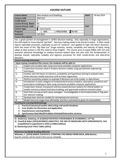 Qunt 631 Msba Section Data Analysis And Modeling Fall 22 Outline