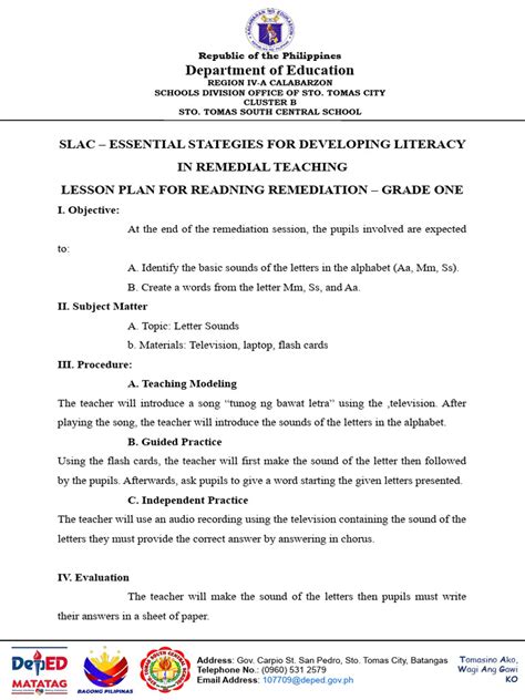 Lesson Plan For Reading Remediation Examples