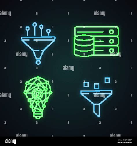 Machine Learning Neon Light Icons Set Data Filtering Database Innovation Process Statistic