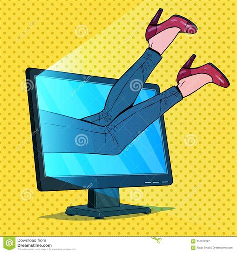 Pop Art Business Woman Absorbed Computer Woman Inside Monitor Internet Addiction Pop Art