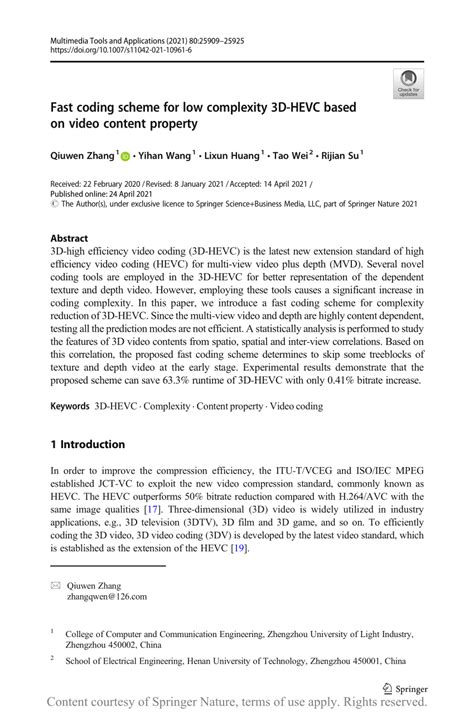 Fast Coding Scheme For Low Complexity 3d Hevc Based On Video Content Property Request Pdf