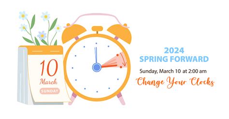 일광 절약 시간제 시작 개념 봄꽃 장식으로 2024년 3월 10일 일요일에 시간을 변경하는 시계와 달력 날짜의 벡터 그림입니다