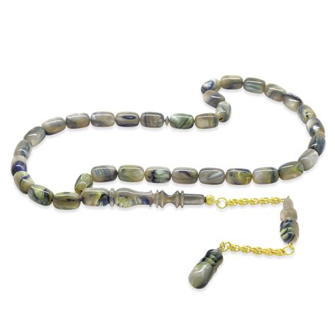 Altın Renk 925 Ayar Gümüş Püsküllü İmamesı Usta İşçilikli Kapsül Kesim Mavi Bej Katalin Tesbih