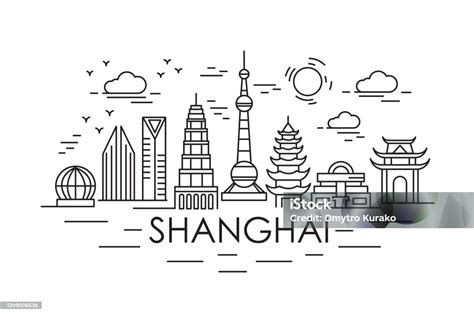 상하이 리네아트 일러스트레이션 중국 휴가 여행 라인 그리기 현대적인 스타일의 상하이 도시 일러스트레이션 손으로 스케치 포스터