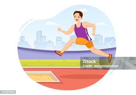 스포츠 선수권 대회의 웹 배너 또는 랜딩 페이지에 대 한 모래 구덩이에서 점프 하는 운동 선수와 함께 긴 점프 그림 플랫 만화 손으로 그린 템플릿 기둥에 대한 스톡 벡터