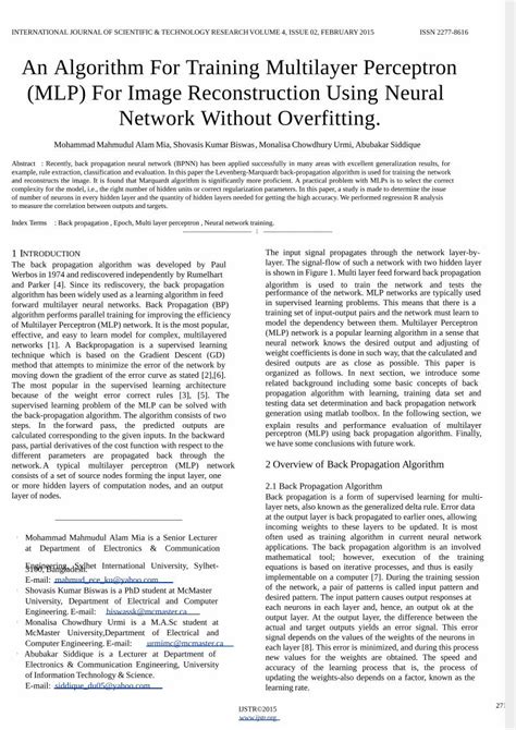 Pdf An Algorithm For Training Multilayer Perceptron Mlp For Image