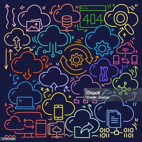 클라우드 기술이 그려진 다채로운 기호와 귀여운 낙서 일러스트 낙서 드로잉에 대한 스톡 벡터 아트 및 기타 이미지 낙서 드로잉