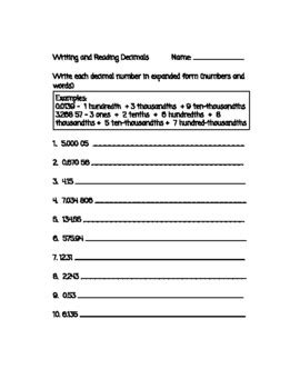 Writing And Reading Decimals Expanded Form By Educationdesign TPT