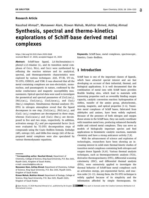 Pdf Synthesis Spectral And Thermo Kinetics Explorations Of Schiff