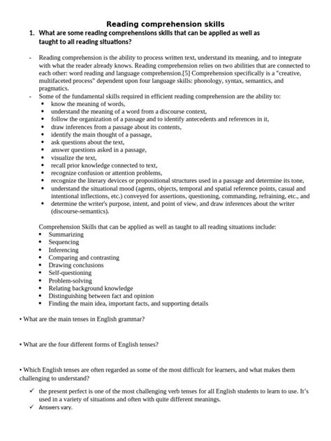 Reading Comprehension Skills Pdf Reading Comprehension Semantics