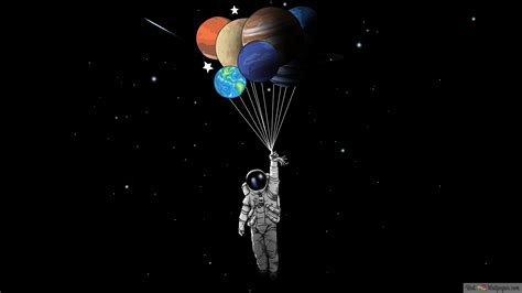 Astronaut Holding Planets By Rope Like Balloons 4k Wallpaper Download