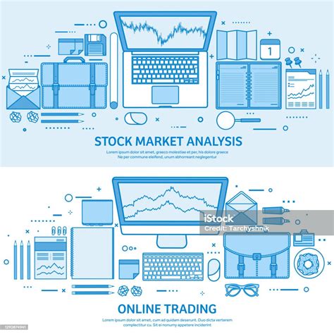 시장 무역 사업 거래 플랫폼 계정 온라인으로 돈을 벌수 있습니다 분석 및 투자 플랫 블루 윤곽선 배경입니다 라인 아트 벡터 일러스트레이션 가격에 대한 스톡 벡터 아트 및
