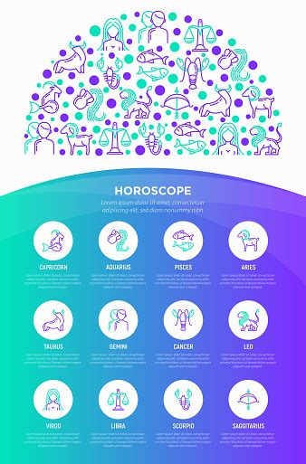 얇은 선 아이콘 반 원에 별자리 템플릿 조디악 징후와 복사 공간의 염소 자리 물병자리 양자리 물고기 자리 처녀 자리 천칭 자리