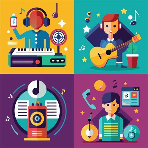 Quatro Ilustrações Quadradas Que Retratam Diferentes Maneiras De Fazer Música Um Homem Tocando