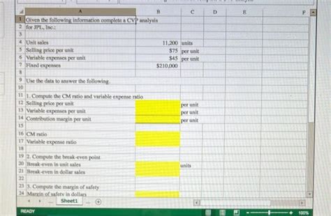 Solved Cvp Analysis Using Excels Basic Math Functions Jpl