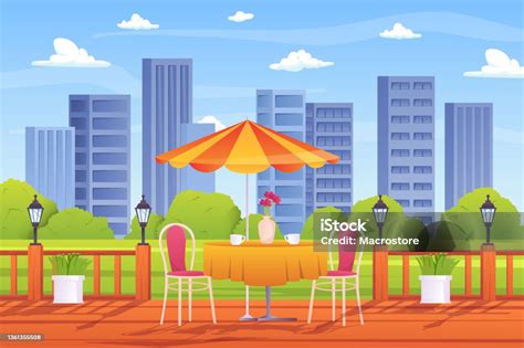 플랫 만화 디자인의 여름 야외 카페 컨셉 테이블과 의자에 컵이 있는 테라스 우산 등불이 있는 나무 울타리 녹색 식물 고층 빌딩이 있습니다 벡터 일러스트 배경 도시 거리에