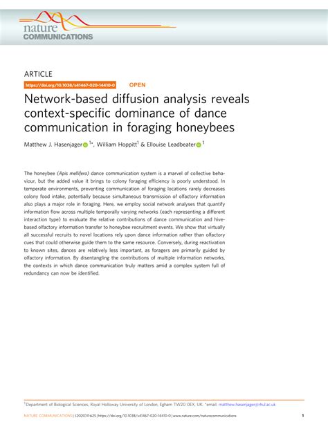 Pdf Network Based Diffusion Analysis Reveals Context Specific Dominance Of Dance Communication