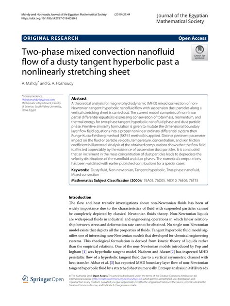 Pdf Two Phase Mixed Convection Nanofluid Flow Of A Dusty Tangent Hyperbolic Past A Nonlinearly