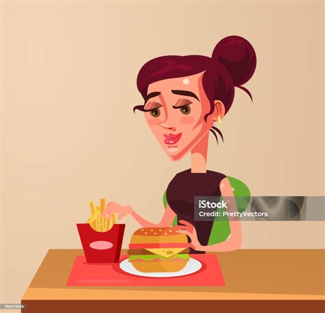 스키 니 행복 하 게 웃는 여자 문자 정크 건강에 해로운 패스트 푸드 햄버거와 감자 튀김 먹고 빠른 신진 대사 개념입니다 평면