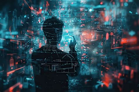 A Person Interacting With A Digital Interface With Glowing Blue And Red Visualizations Stock