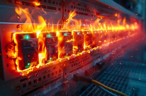Firewall In Data Center Network Switch And Cables In Fire On Data