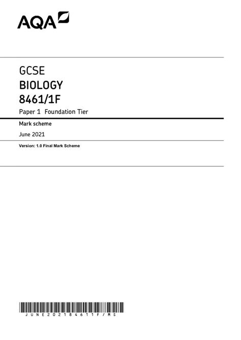 GCSE BIOLOGY 8461 1F Paper 1 Foundation Tier Mark Scheme June 2021