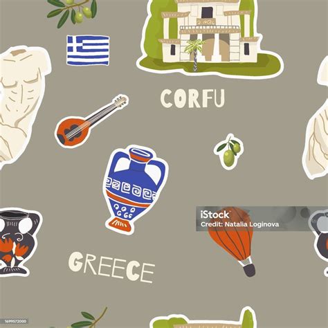 벡터 그림은 손으로 그린 랜드마크 명소 명소 및 그리스의 상징을 낙서 스타일로 매끄럽게 패턴합니다 관광 여행 코르푸에 대한 스톡