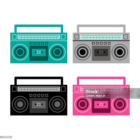 복고풍 붐 박스 세트 오디오 카세트 플레이어 1980 년대 스타일 대형 휴대용 카세트 라디오에 대한 스톡 벡터 아트 및 기타