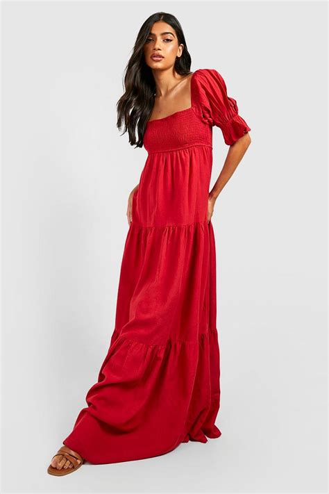Maternity Linen Shirred Tiered Midi Dress Boohoo