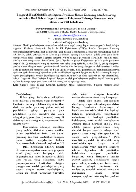 Pdf Pengaruh Hasil Model Pembelajaran Problem Based Learning Dan Lecturing Terhadap Hasil