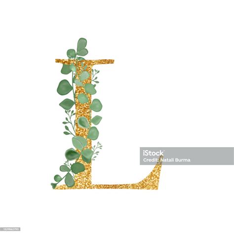 유칼립투스가 있는 골드 플로럴 알파벳 문자 L은 가지 꽃다발을 남깁니다 인사말 카드 웨딩 요소 인쇄용 그림입니다 인쇄하다 녹색 나뭇 가지와 문자 구성 0명에 대한 스톡 벡터