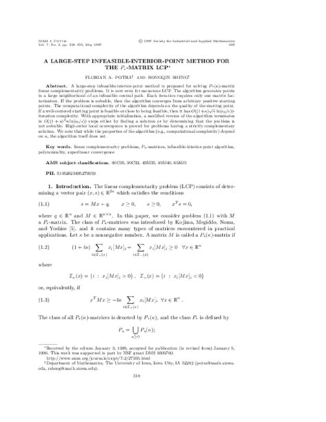 Pdf A Large Step Infeasible Interior Point Method For The P Matrix Lcp