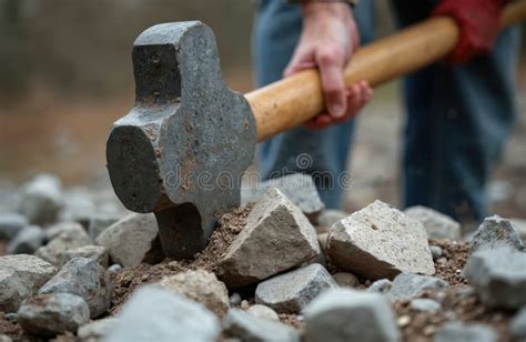 Man Using Sledgehammer Breaking Stone Into Pieces Construction Worker
