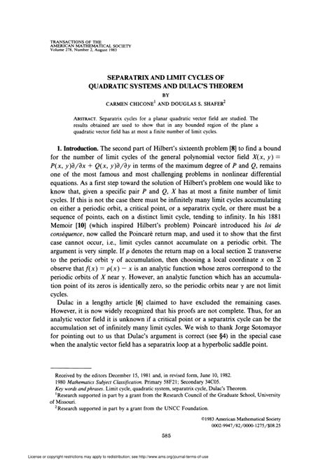 Pdf Separatrix And Limit Cycles Of Quadratic Systems And Dulacs Theorem