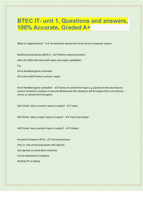 btec it unit 1 questions and answers 100 accurate graded a btec