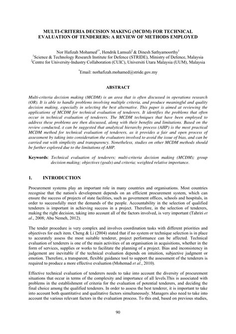 Pdf Multi Criteria Decision Making Mcdm For Technical Evaluation Of Tenderers A Review Of