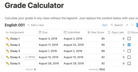 Notions Class Grade Calculator Notion Template