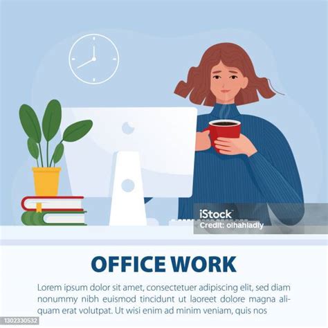 컴퓨터에서 일하고 커피를 마시는 여성 사무실 작업 플랫 스타일 귀여운 벡터 일러스트레이션 개념에 대한 스톡 벡터 아트 및 기타