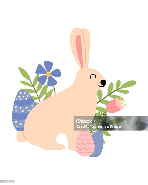계란 벡터 삽화와 부활절 토끼입니다 토끼와 부활절을위한 귀여운 엽서 계란 꽃 잎을 가진 토끼 0명에 대한 스톡 벡터 아트 및 기타 이미지 Istock