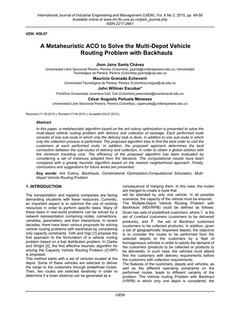 Pdf A Metaheuristic Aco To Solve The Multi Depot Vehicle Routing Problem With Backhauls