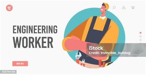 엔지니어링 작업자 방문 페이지 템플릿 벨트에 도구를 가진 로브의 핸디맨 엔지니어 마스터 또는 포맨 캐릭터 건설 산업에 대한 스톡 벡터 아트 및 기타 이미지 Istock