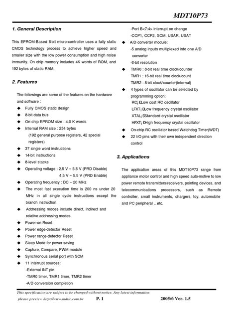 Hardware Specification And Register Map Of The Mdt10p73 8 Bit