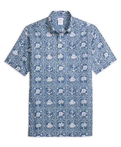 Brooks Brothers Regent Fit Nautical Print Popover Short Sleeve Sport