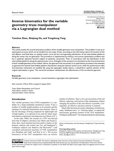 Pdf Inverse Kinematics For The Variable Geometry Truss Manipulator Via A Lagrangian Dual Method