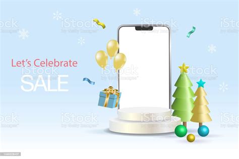 온라인 쇼핑을위한 판매 템플릿을 축하합시다 연단에 빈 스마트폰 화면이 있는 제품 디스플레이 전자 상거래 광고 판촉 캠페인 및 디지털 마케팅 3d 벡터입니다 강단에 대한 스톡