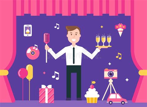 Event Manager On Stage Surrounded By Event And Party Objects Event
