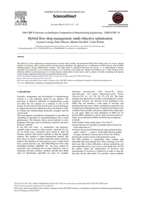 Pdf Hybrid Flow Shop Management Multi Objective Optimisation