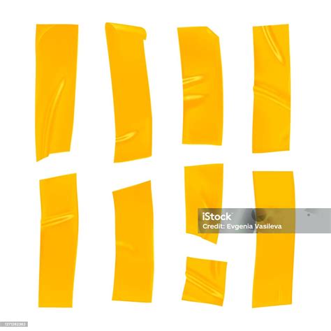 노란색 덕트 테이프 세트 흰색 배경에 격리 된 고정을위한 사실적인 노란색 접착 테이프 조각 종이 접착 사실적인 3d 벡터 일러스트레이션 3차원 형태에 대한 스톡 벡터 아트